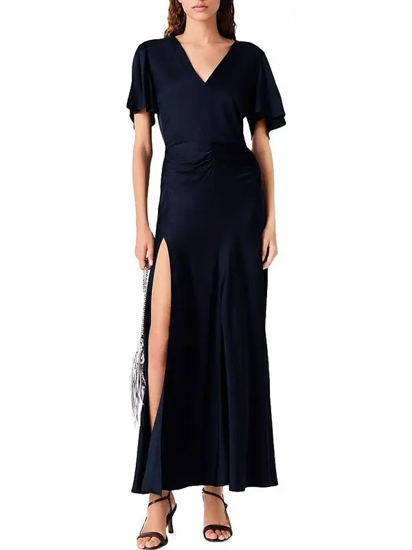 Maje Draped V Neck Satin Maxi Dress - Navy