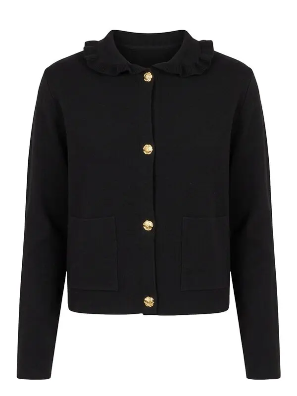 YUMI Knitted Frill Collar Jacket - Black
