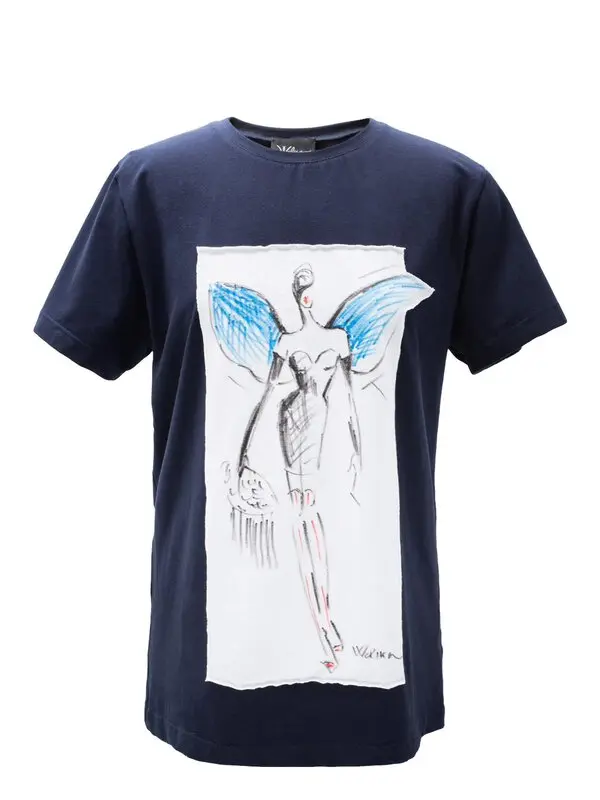 WELIKA Fashion Angel Hand-painted Sketch Cotton T-shirt Navy - Blue