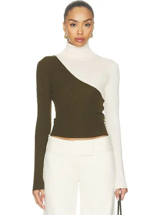 Essentiel Antwerp Koncert Bicolour Turtleneck In Olive - Midnight Forest