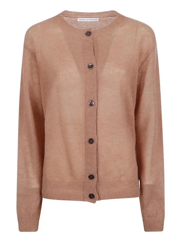 Studio Nicholson Crew Neck Mini Cardigan In Mohair Blend - Camel