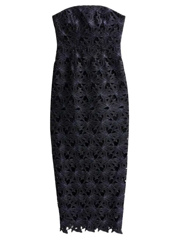 MILLY Orion Floral Lace Strapless Midi Dress - Black Navy