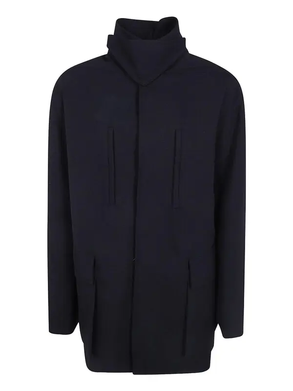 Rick Owens Fw26 Tower Runway Collared Mac In Wool Whipcord And Waxy Lamb Leather - Black