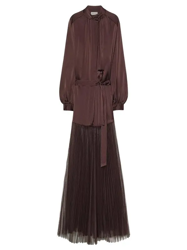 FORTE_FORTE Silk Satin Dress With A Plissé-pleated Tulle Skirt Diamond - Chestnut