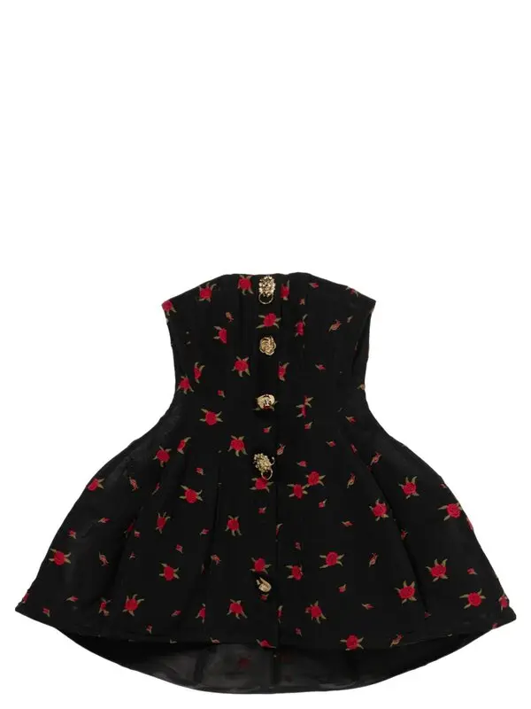 Blumarine Short Dress With Rose Embroidery And Bejewelled Buttons - Black/red