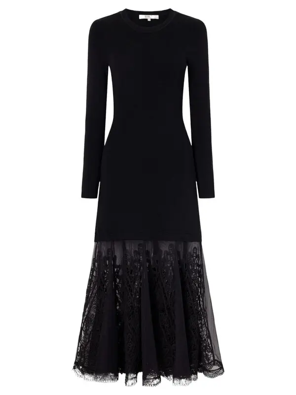 Sea Embroidered Tulle-trimmed Wool Midi Dress - Black