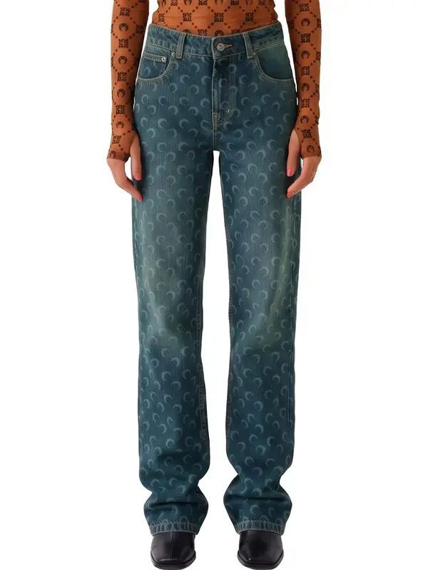 MARINE SERRE Moon Laser Wash Denim Straight Jeans - Deep Blue