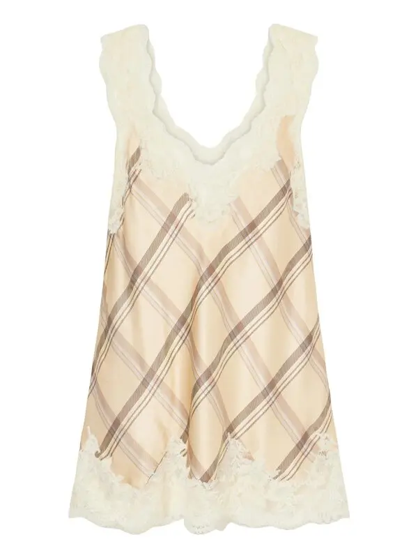 Rabanne Beige Tartan Print Silk Tank Top With Lace Detailing - Nude