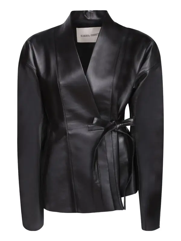Alberta Ferretti Wrap Belted Leather Jacket - Black
