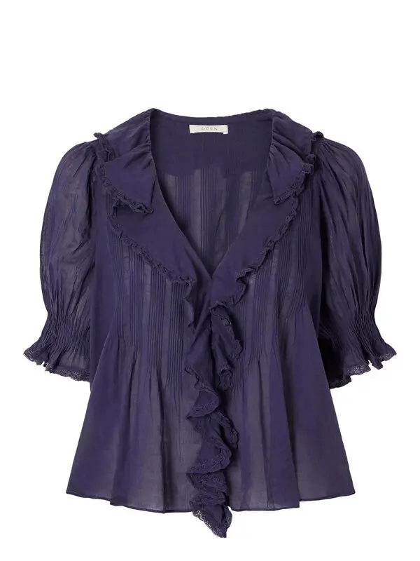 DÔEN Henri Ruffled Pintucked Lace-trimmed Organic Cotton-voile Blouse - Blue