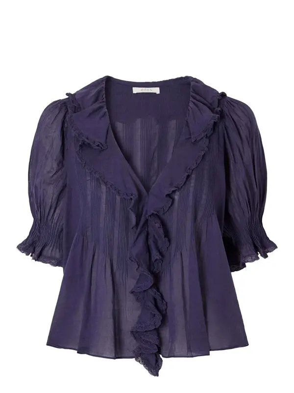 DÔEN Henri Ruffled Pintucked Lace-trimmed Organic Cotton-voile Blouse - Navy