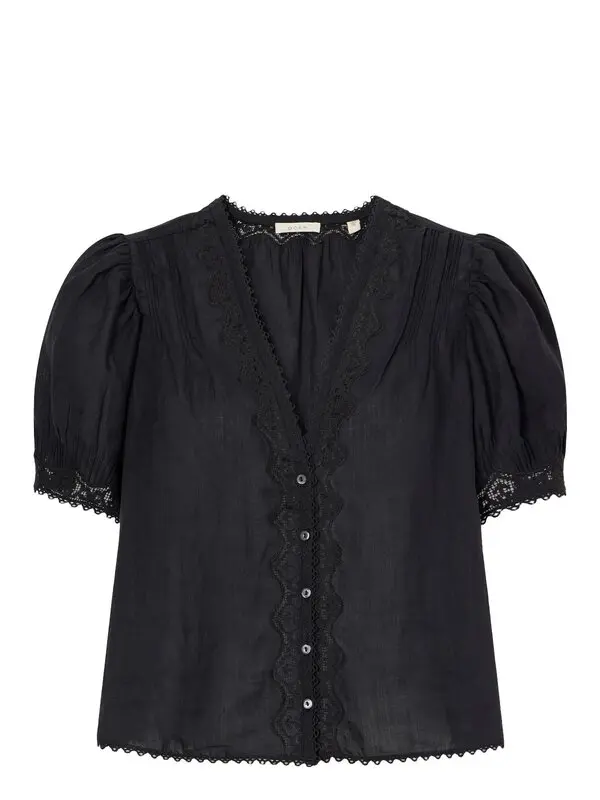 DÔEN Brigitta Lace-trimmed Pintucked Ramie Woven Blouse - Black