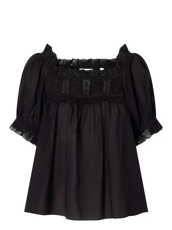 DÔEN Frances Ruched Lace-trimmed Organic Cotton-blend Voile Blouse - Black