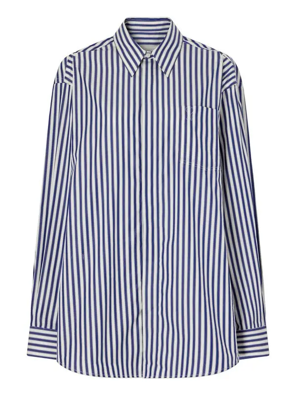 AMI Paris Logo-embroidered Striped Cotton-poplin Shirt - Blue