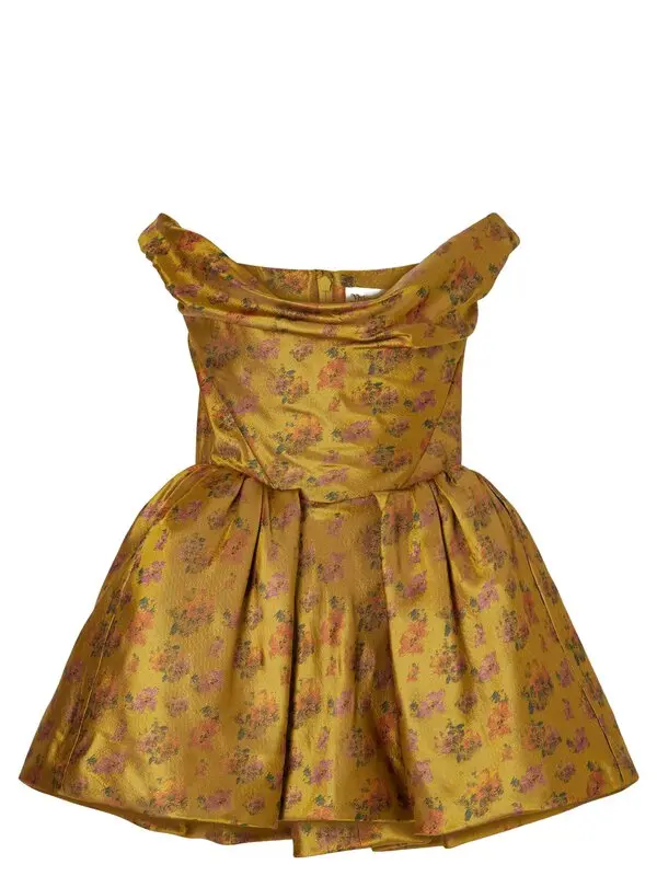 VIVIENNE WESTWOOD Mini Bagatelle Off-the-shoulder Pleated Floral-jacquard Duchess-silk Mini Dress - Gold