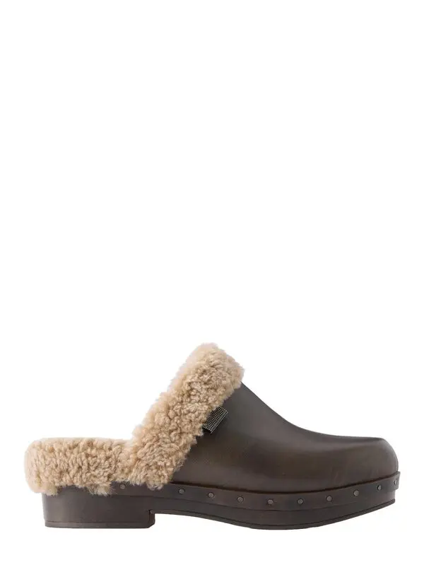 Brunello Cucinelli Monili-embellished Shearling-trimmed Leather Clogs - Brown