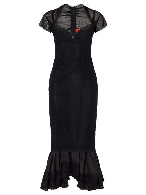 DILARA FINDIKOGLU Cloudy Border Lace-trimmed Stretch-mesh Midi Dress - Black