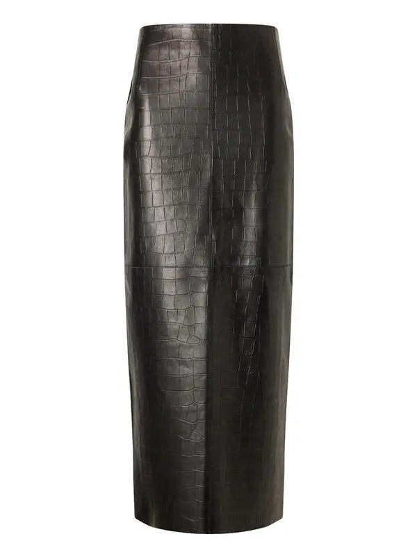 Nour Hammour Elyse Paneled Croc-effect Leather Midi Skirt - Black