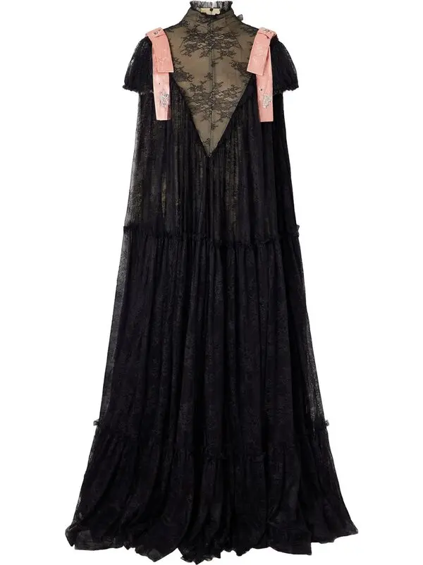 Erdem Bow-detailed Gathered Lace Gown - Black