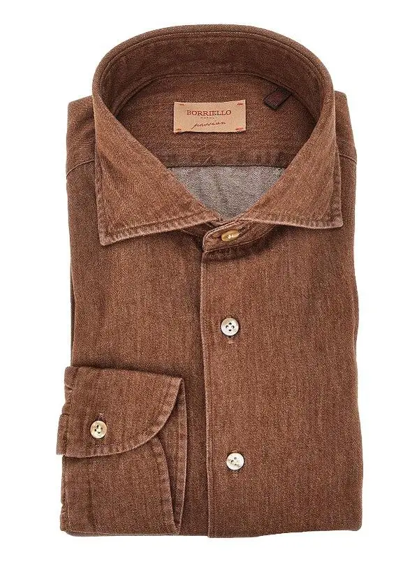 BORRIELLO NAPOLI Denim Effect Cotton Shirt - Brown