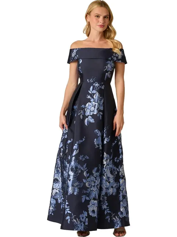 Adrianna Papell Petite Off Shoulder Metallic Floral Jacquard Gown In Navy Blue Multi - Navy/blue Multi