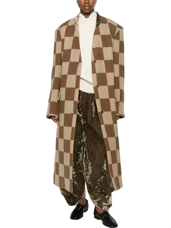 UMA WANG Pixel Checkerboard Frayed-seam Coat - Brown