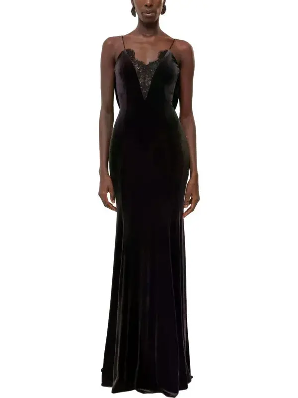 NISSA Lace-insert Velvet Maxi Dress - Black