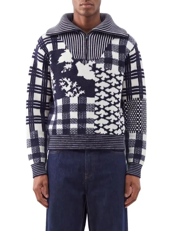 Loewe Abstract Pattern Wool Half-zip Jumper With Ribbed Hems - Navy