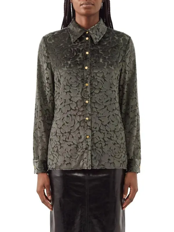 Alberta Ferretti Long-sleeved Velvet Shirt With A Classic Collar - Grey