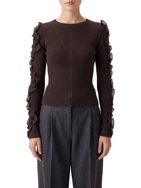 Liu Jo Slim Fit Crewneck Jumper In Wool With Ruffles And Embroidery - Espresso