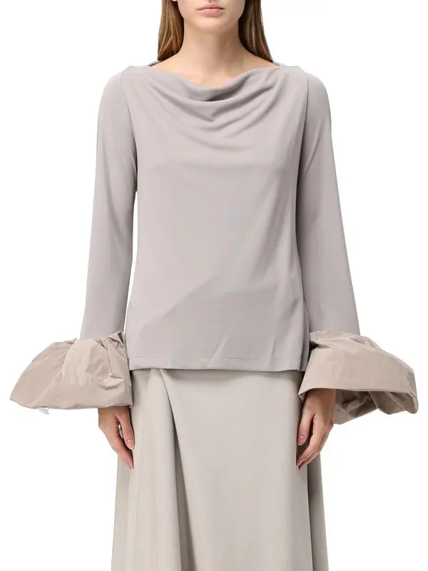 MEIMEIJ Long-sleeved Blouse With Draped Neckline And Flared Cuffs - Grey