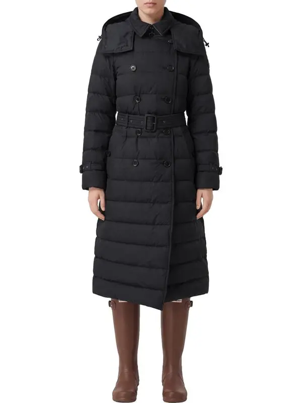 Burberry Double-breasted Long Puffer Coat In Technical Fabric With Detachable Hood - Black