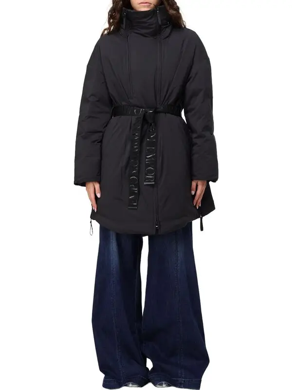 Emporio Armani Knee-length Puffer Jacket With Packable Hood And Belted Waist - Black