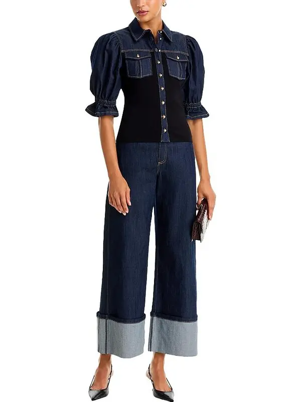 Cinq À Sept Lyric Indigo Ponte Puff Sleeve Blouse - Indigo/black