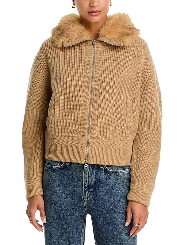 Rag & Bone Amelia Wool & Faux Fur Ribbed Zip Cardigan - Camel
