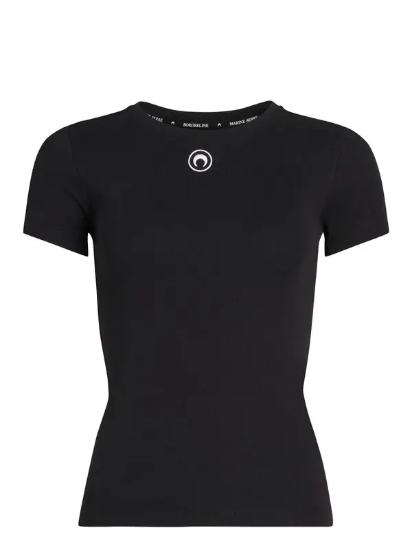 MARINE SERRE Ribbed Neckline T-shirt With Moon Logo Embroidery - Nero