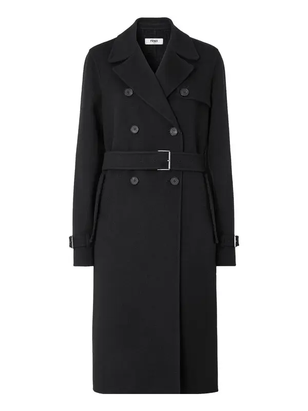 Fendi Virgin Wool & Silk Coat With Side Slit Hem, Cape Back, Adjustable Cuffs And Belt - Black