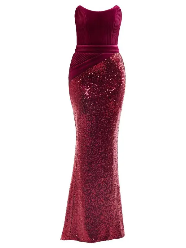 ZHIVAGO Reine De Reinettes Sequined Velvet Strapless Gown - Ruby