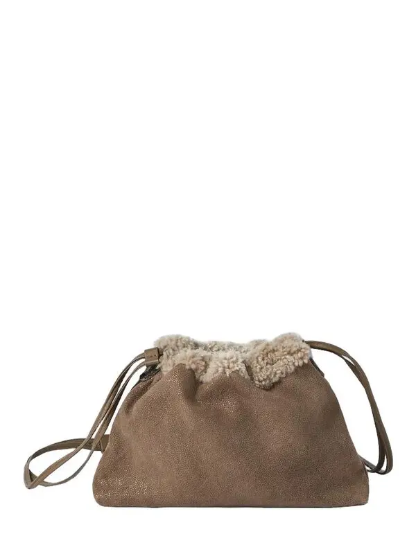 Brunello Cucinelli Pouch Bag In Sparkling Textured Leather With Shearling Lining - Bark