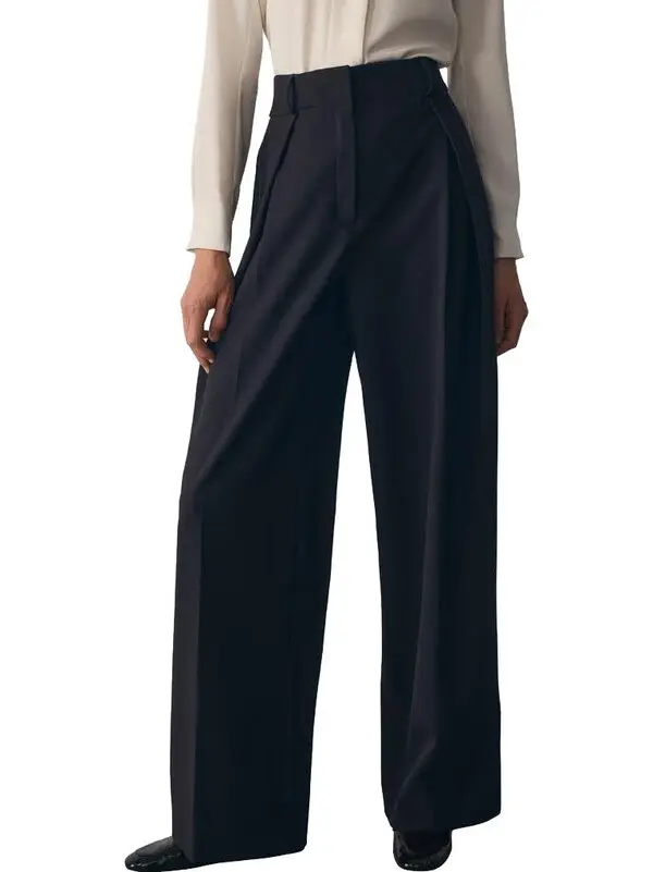 The Fold Clever Wool Blend Cortona Pleat Trousers - Navy