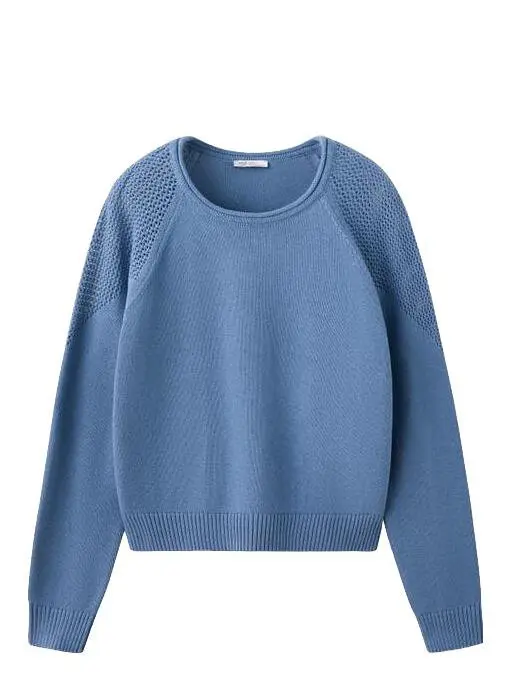 Mango Crochet Detail Cotton Sweater - Blue