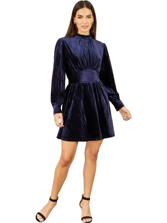 YUMI Ruched Waist Velvet Skater Dress - Navy