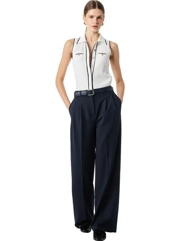 Koton Button-front Sleeveless Polo Knit Top Contrast Trim - Ecru
