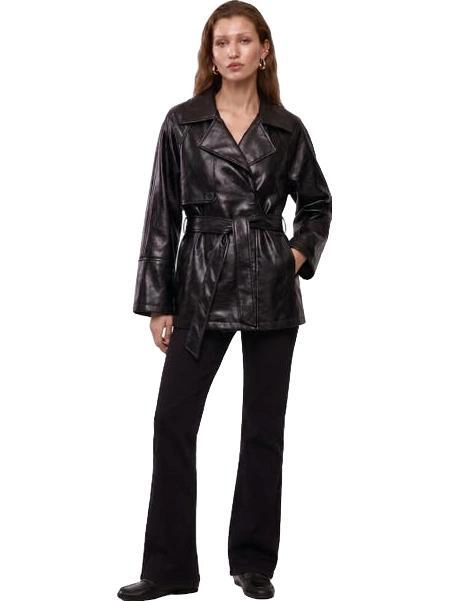 Koton Belted Double-breasted Faux Leather Trench Coat - Black