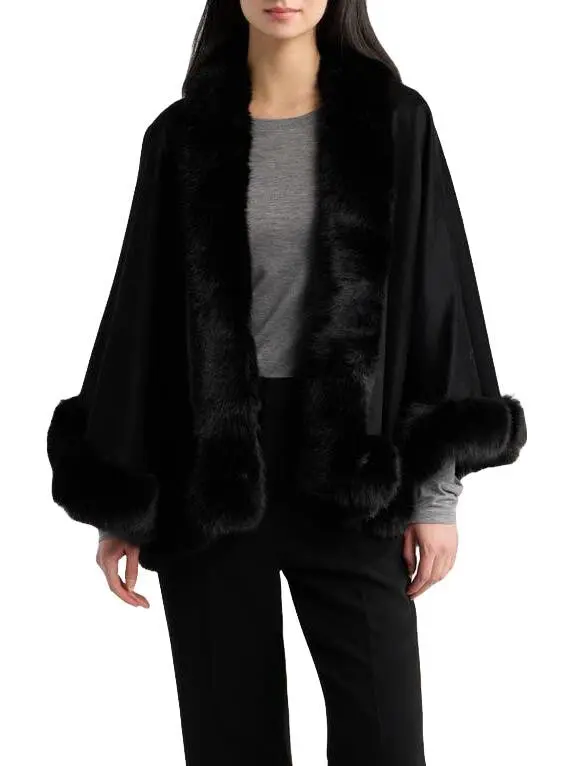 Sofia Cashmere Cashmere Cape With Faux Fur Trim - Black