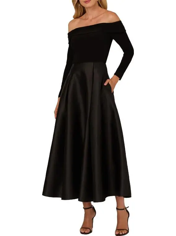 Adrianna Papell Off The Shoulder Mikado Fit And Flare Ankle Dress - Black