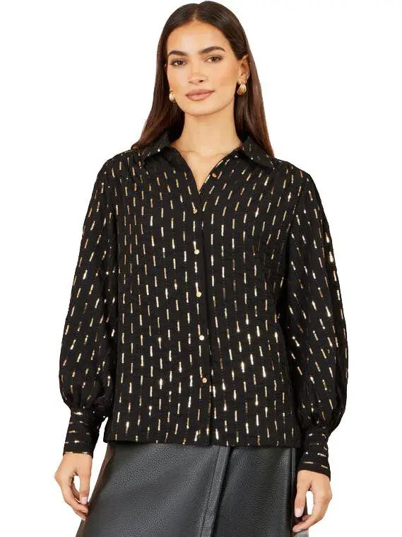 YUMI Sequin Dash Collared Blouse - Black