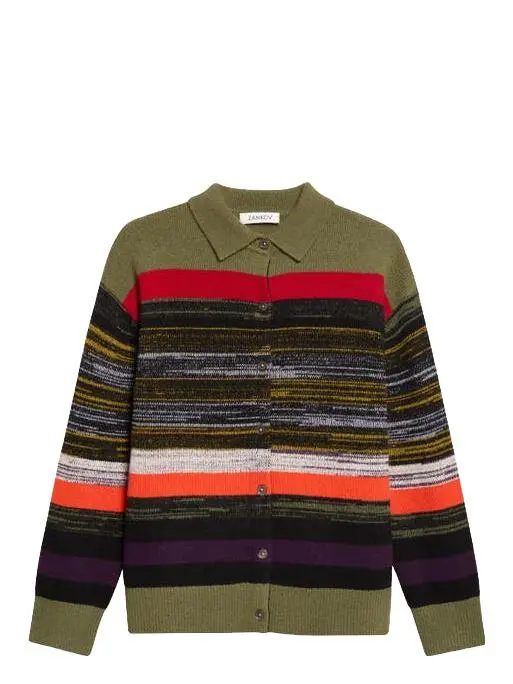 ZANKOV Andrew Stripe Wool & Cashmere Cardigan - Olive Multi