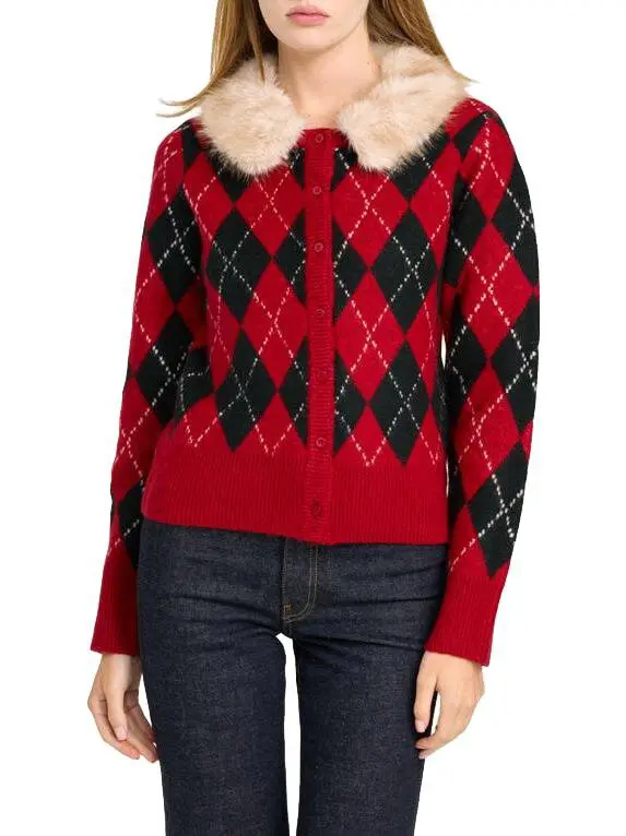 WAYF X Rose Lola Campbell Argyle Cardigan With Faux Fur Collar - Red Combo