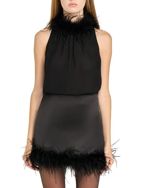 WAYF X Rose Lola Studio Faux Feather Trim Top - Black